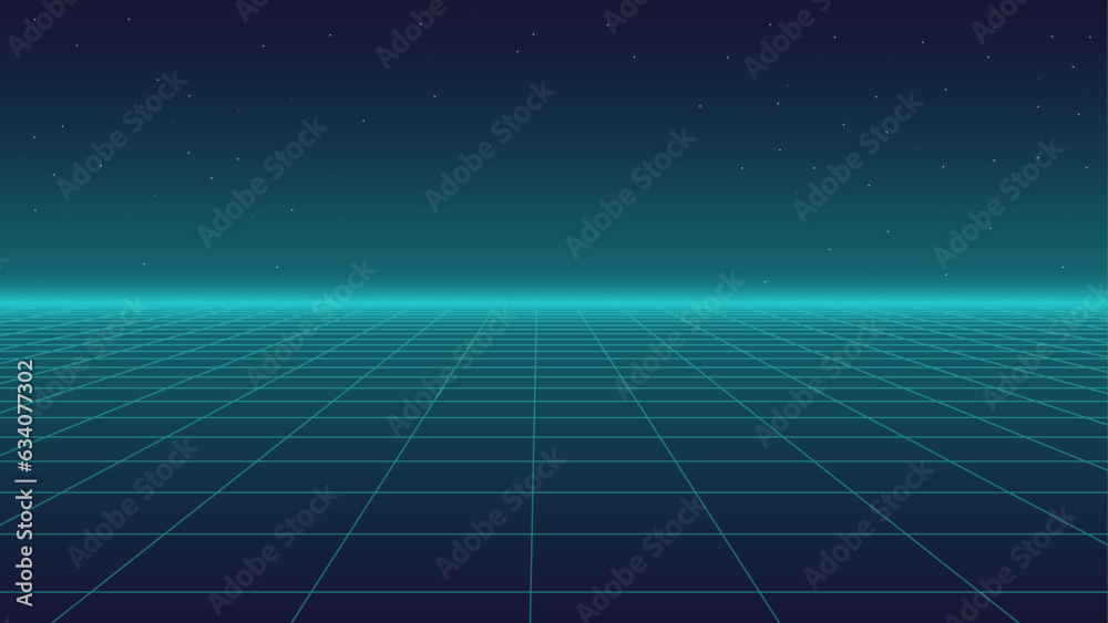 80s Retro Sci-Fi Background Futuristic Grid landscape. Digital cyber ...