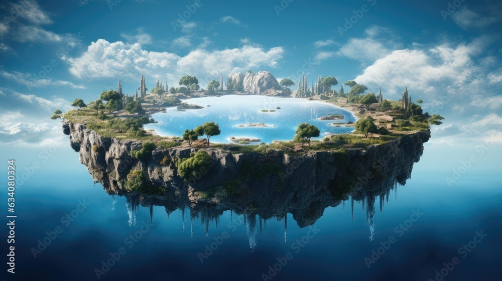 circular island floating in blue sky air above the sea, covered in an ...