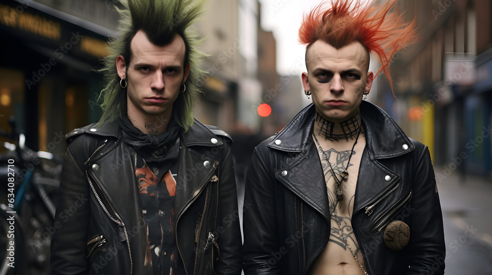 Two British punk rock men from the 1970s. Leather jacket, piercing ...