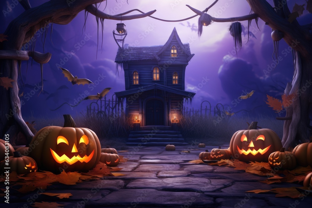 Purple Halloween background with jack-o-lantern pumpkins and haunted ...