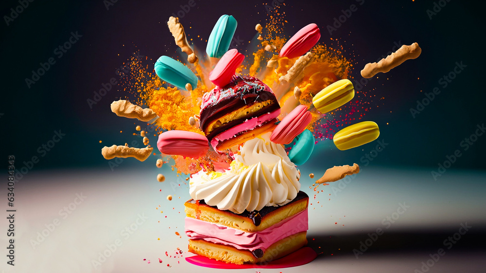 Flying colorful exploding cakes. Bakery. Confectionary. Cream, jam ...