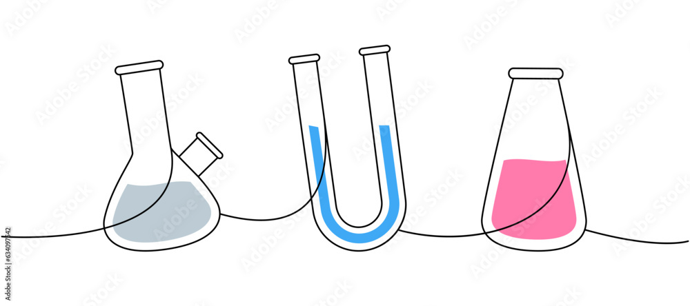 Lab glassware one line colored continuous drawing. Buchner flask, glass ...