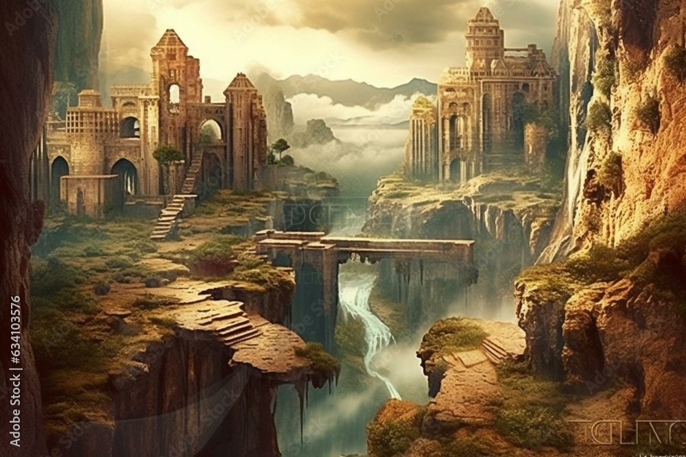 Artistic depiction of a medieval fantasy world with ancient ruins and ...