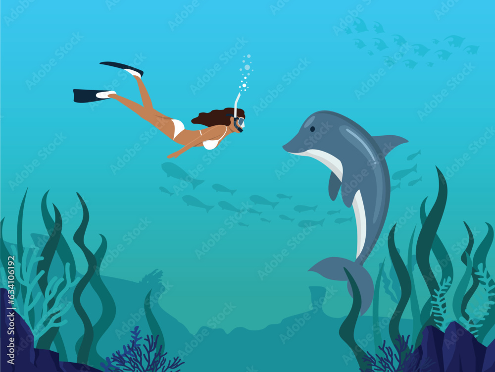 Woman diver swimming with wild dolphins in ocean. Free diving ...