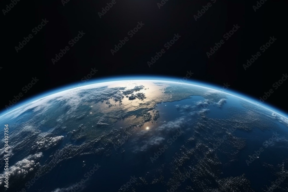 Realistic horizon view of Earth captured by satellite in 3D render ...