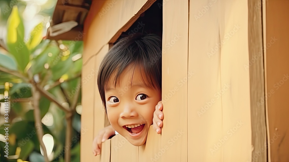 little asian children kid girl covering his eyes with hands, playing ...