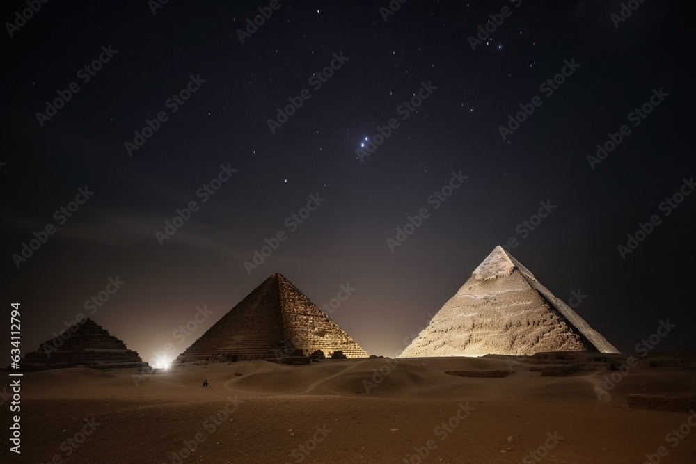 The pyramids of Giza shining at night with a bright and radiant glow ...