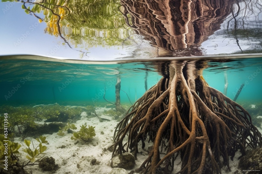 Split view of Caribbean mangrove trees with roots and sea sponges under ...