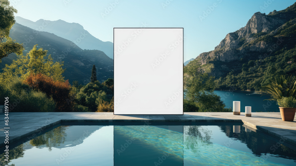 serene swimming pool with a blank billboard in the middle, architect's ...
