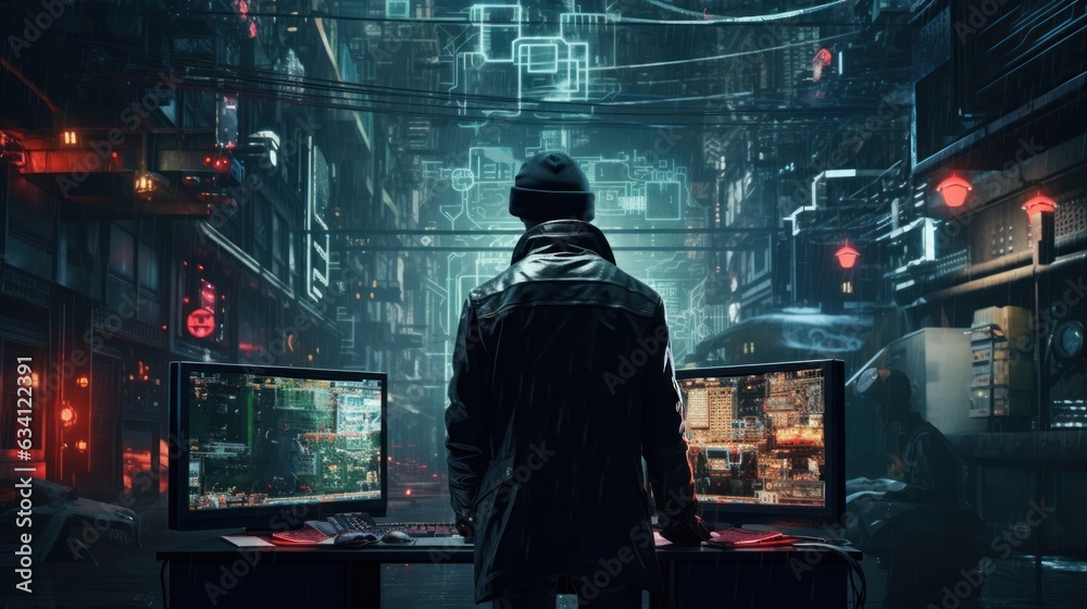 Craft a scene featuring a proficient hacker in a cyberpunk world ...