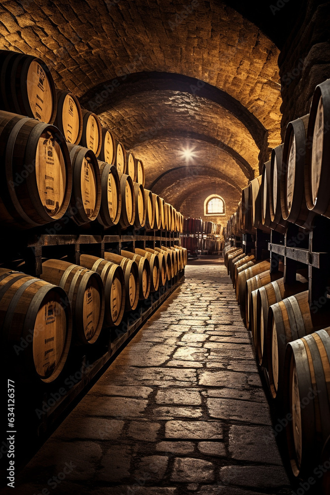 Old french oak wooden barrels in underground cellars for wine aging process, Vintage Barrels and ...