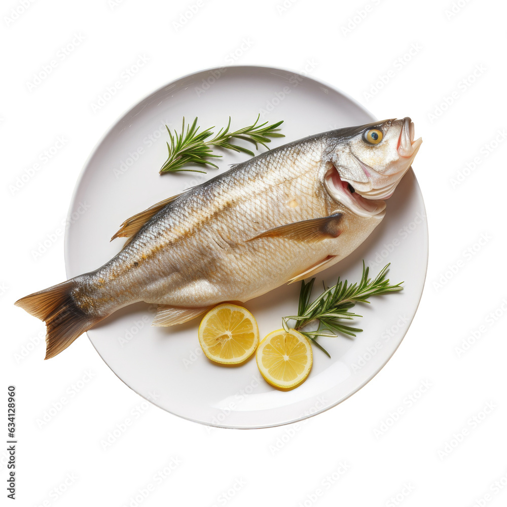 Home cooked sea bass on transparent background plate viewed from above ...