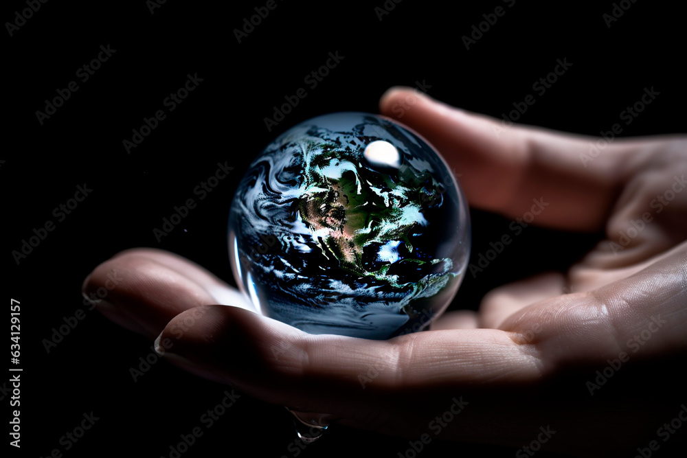 Hand holding the planet earth depicted as a drop of water slipping ...