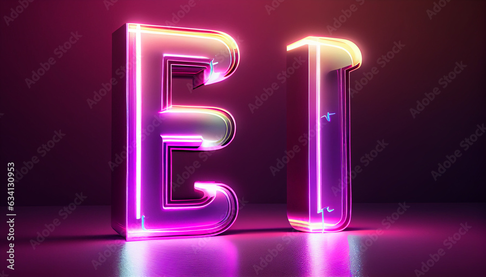 Neon light letter E. Shiny and iridescent alphabet on a pink background ...