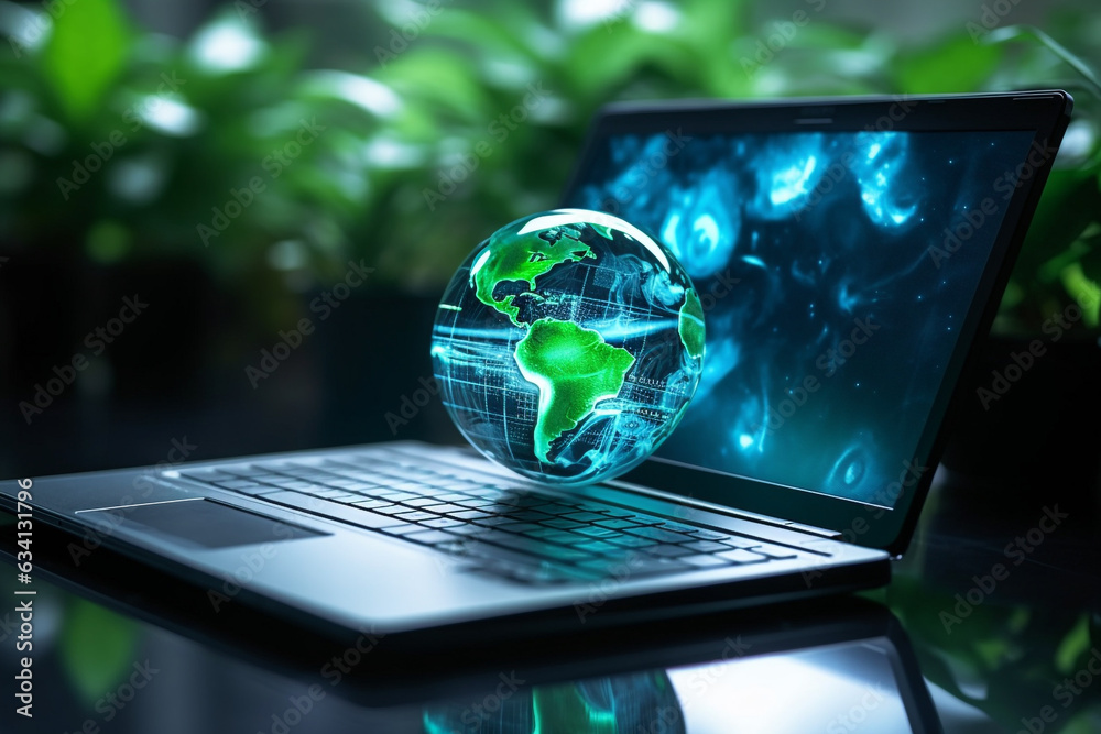 Technology with nature concept.Laptop keyboard with Green Globe on it ...