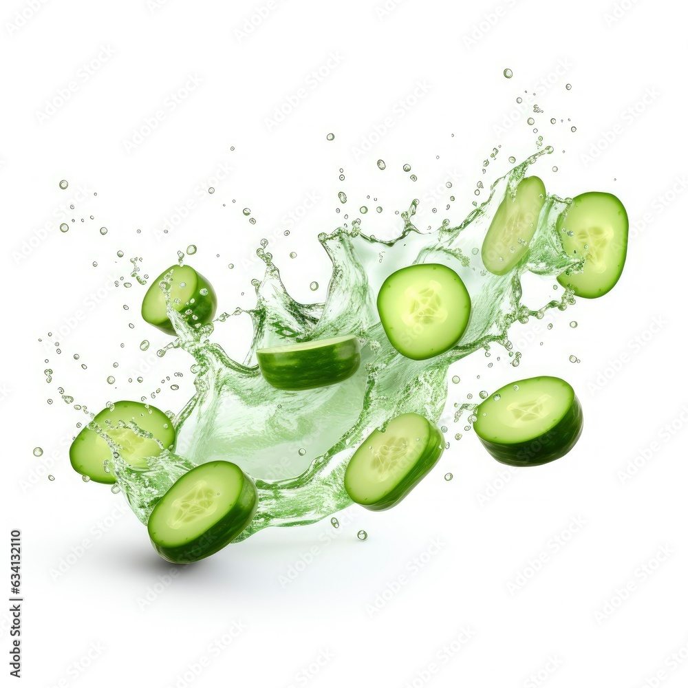 Cucumbers in splashes. Falling of cucumbers with water splash isolated on white background Stock ...