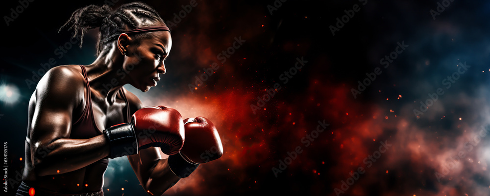 Female Boxer standing in pose and ready to fight. Dark dramatic stadium ...