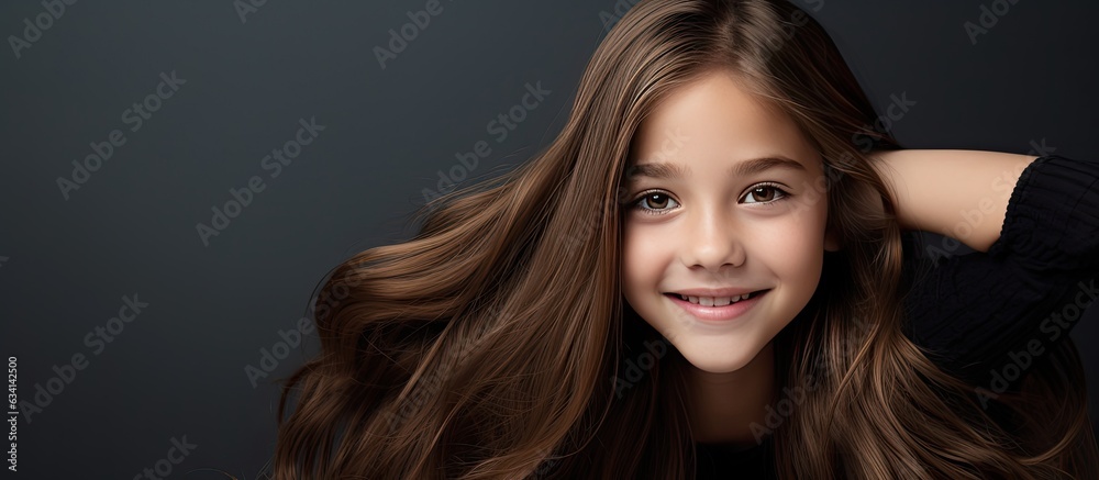 A smiling 12 year old girl with long natural hair poses for a vertical ...