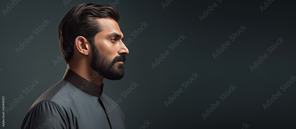 Profile portrait of a young man in traditional Pakistani attire with ...