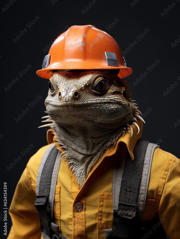 An Anthropomorphic Lizard Dressed Up Like a Construction Worker Wearing ...