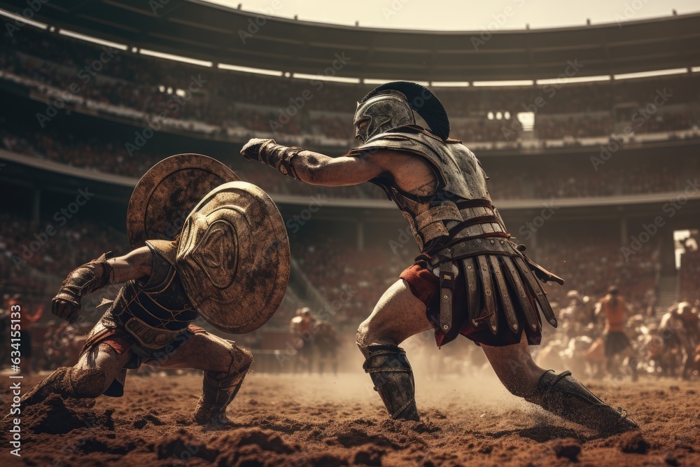 A ferocious gladiator wearing armored Roman gladiator at the Ancient ...