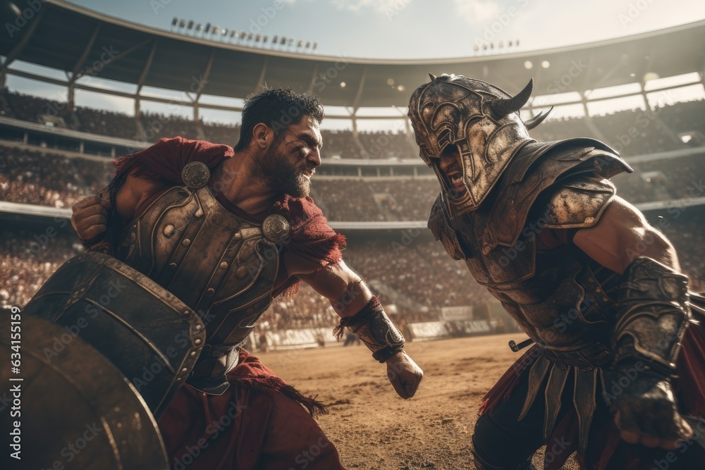 A ferocious gladiator wearing armored Roman gladiator at the Ancient ...