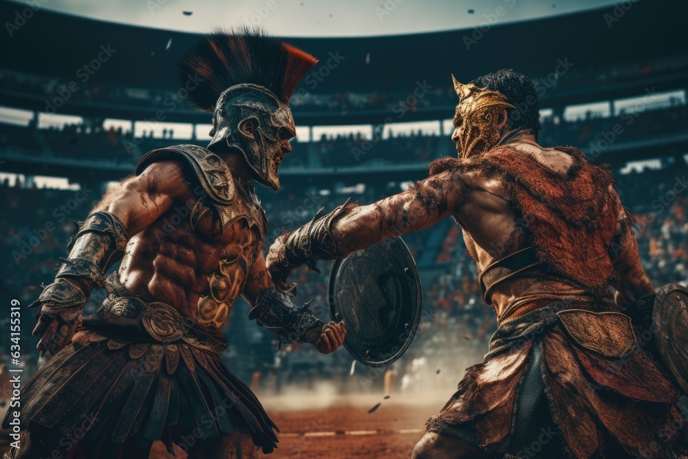 A ferocious gladiator wearing armored Roman gladiator at the Ancient ...