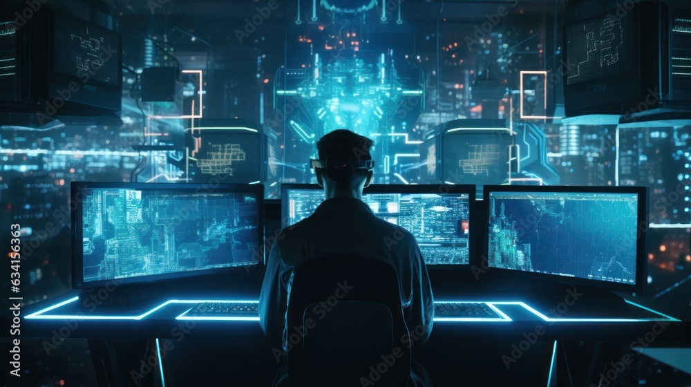Visualize a skilled cyberpunk hacker operating within a futuristic ...