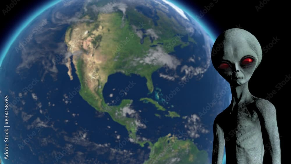 Scary gray alien stands on the moon and looks blinking. Planet Earth Is ...