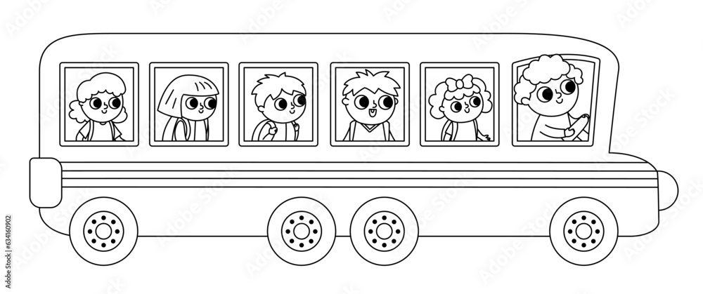 Vector black and white long school bus with driver and passengers. Back ...