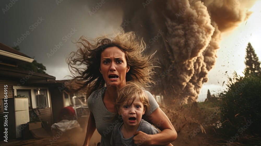 People fleeing from the oncoming tornado, capturing the tense scene of ...