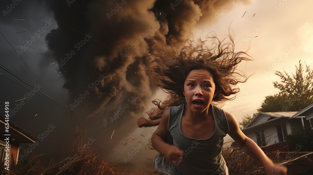 People fleeing from the oncoming tornado, capturing the tense scene of ...