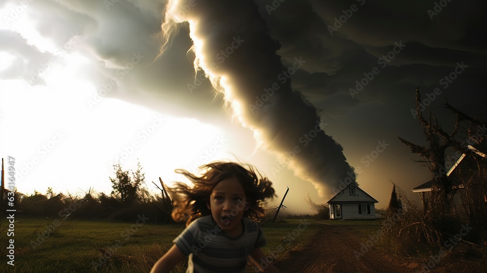 People fleeing from the oncoming tornado, capturing the tense scene of ...