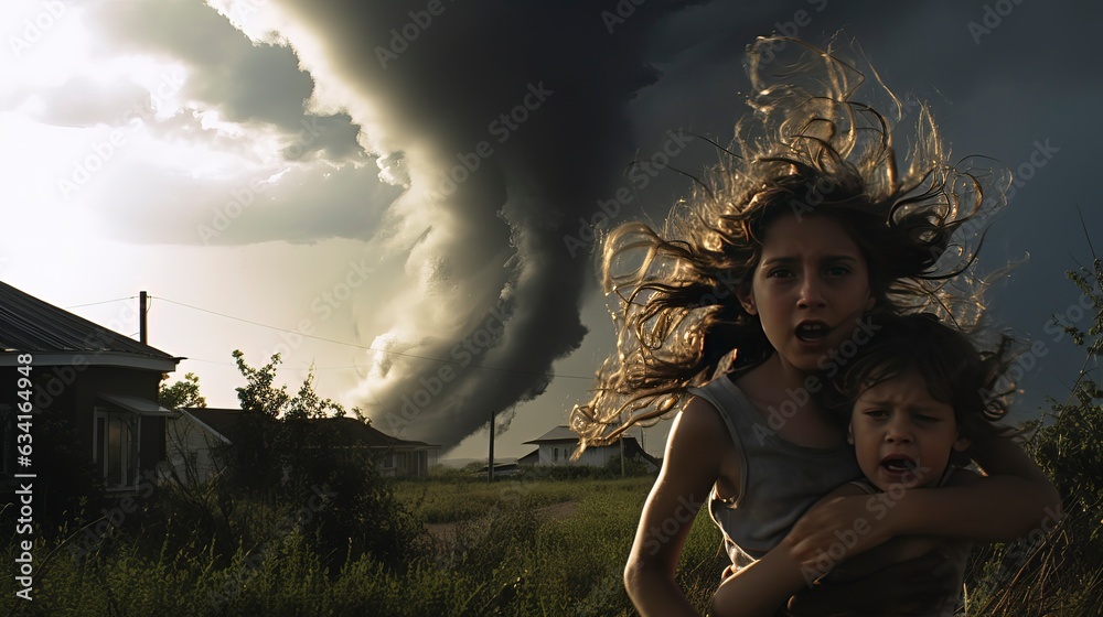 People fleeing from the oncoming tornado, capturing the tense scene of ...
