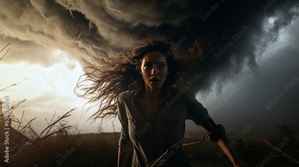 People fleeing from the oncoming tornado, capturing the tense scene of ...