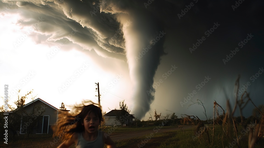 People fleeing from the oncoming tornado, capturing the tense scene of ...