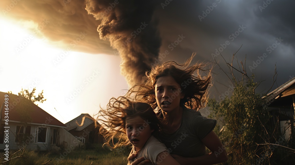 People fleeing from the oncoming tornado, capturing the tense scene of ...