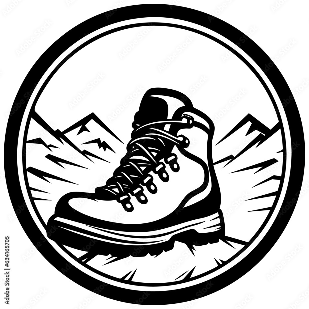 Black and white illustration of hiking boot and mountains, hiking shoe ...