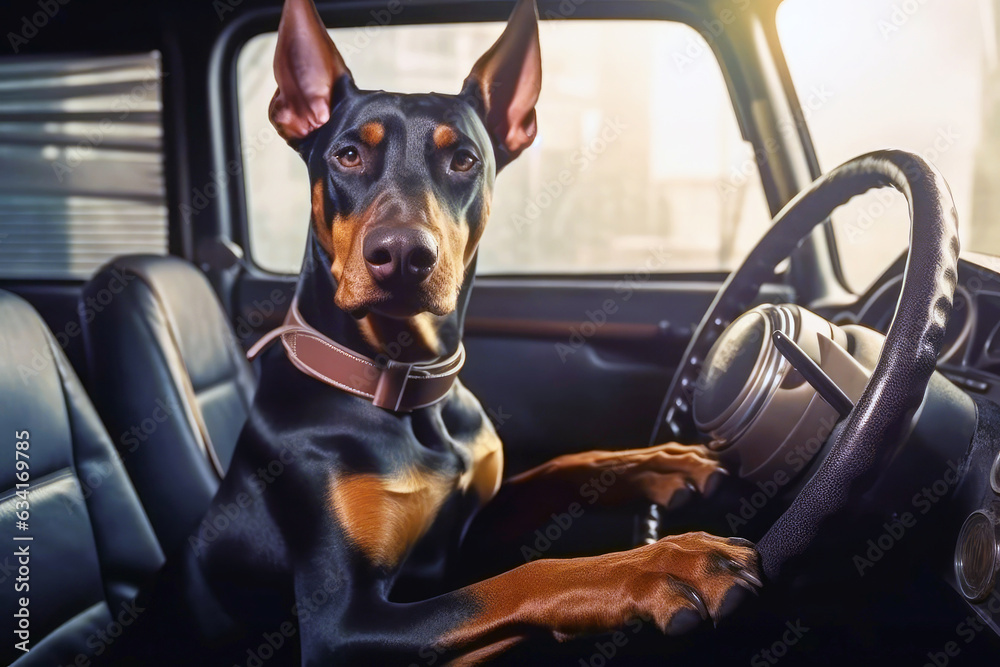 Driving the car a doberman dog enjoys the road trip with fun. Animal ...