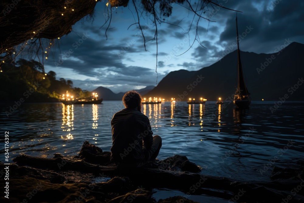 Starry Maritime Reverie: A Silhouette Rests on a Docked Boat Under a ...