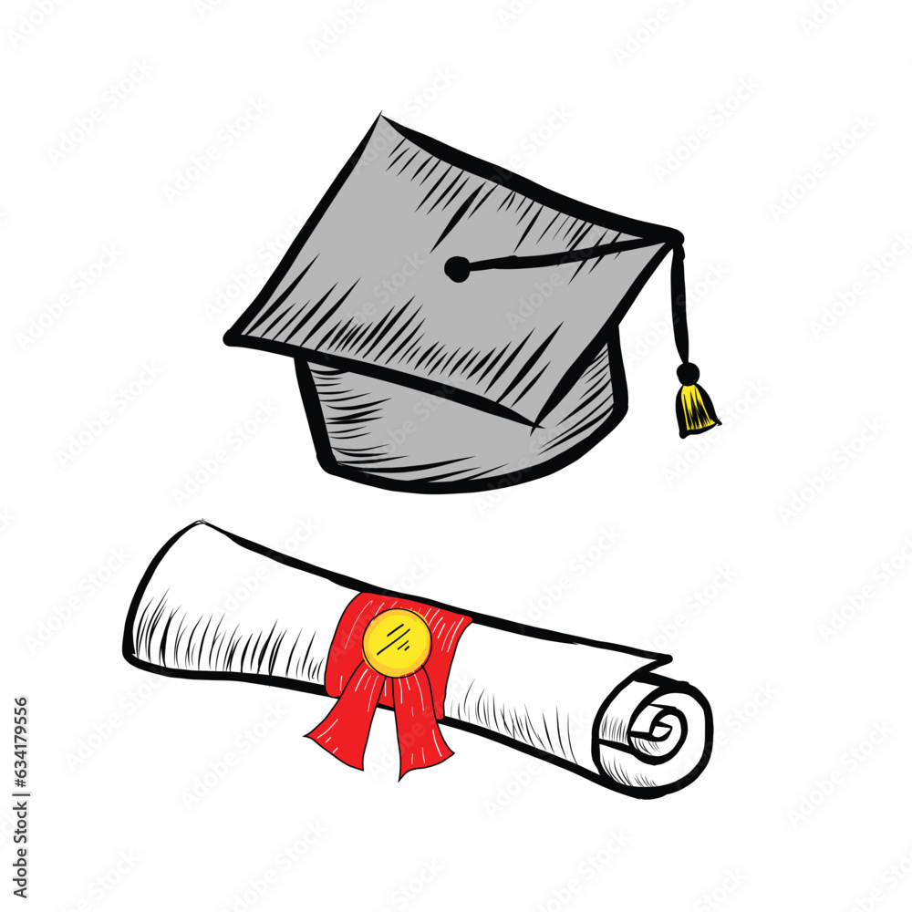 Hand drawn vintage graduation cap and diploma scroll. Vector realistic ...