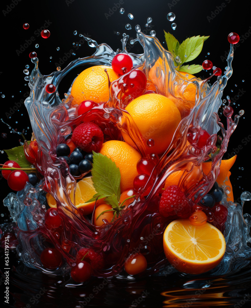 A colorful assortment of fruits floating in a water-filled bowl. A ...
