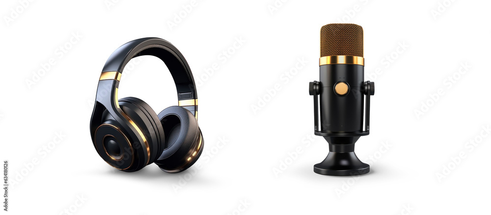 set of stylish broadcast professional microphone and a matching black ...