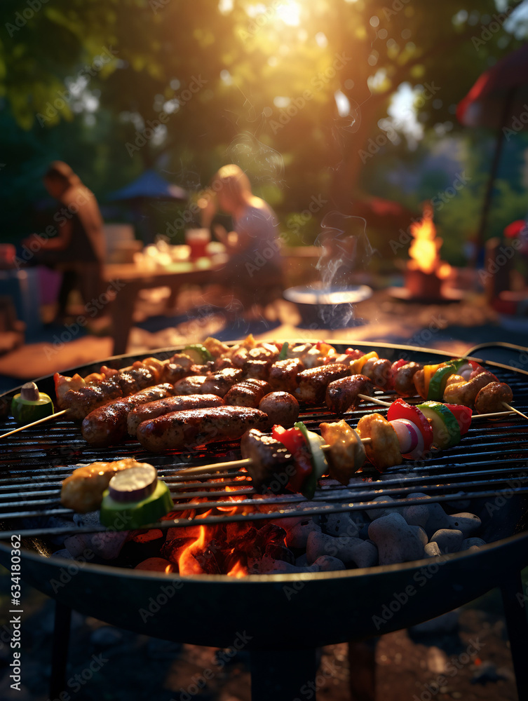 Barbecue party with people in the background, camping in the forest ...