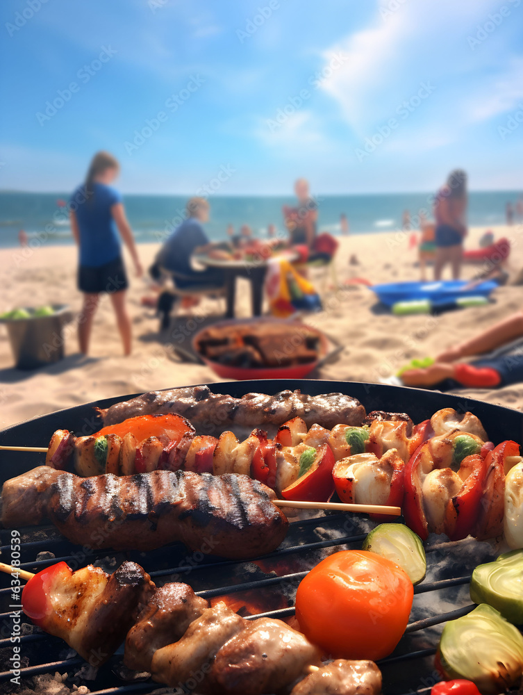 Barbecue party with people in the background, beach and sea, grilled ...