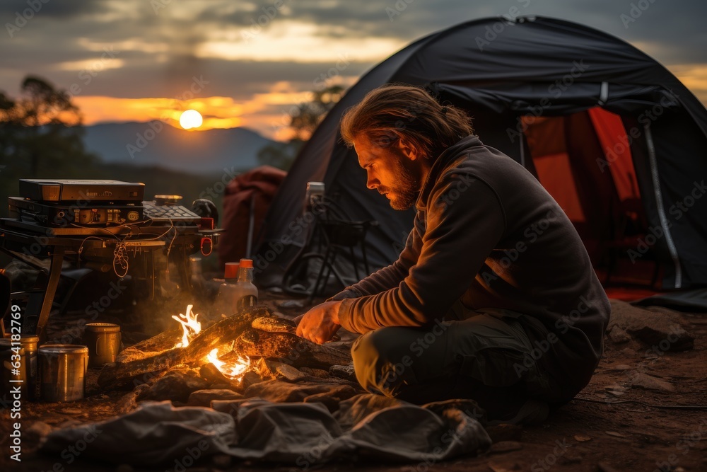 Camping Under Twilight: Capturing an Individual Establishing a Campsite ...