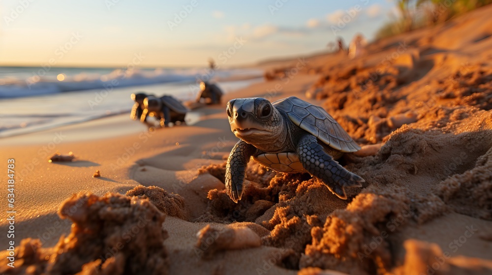newborn turtles crawl along the sandy beach to the water. Concept ...