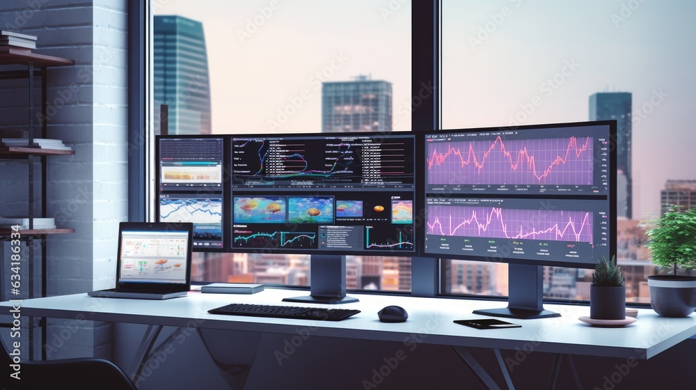 The side view from a computer desk with multiple screens displaying ...