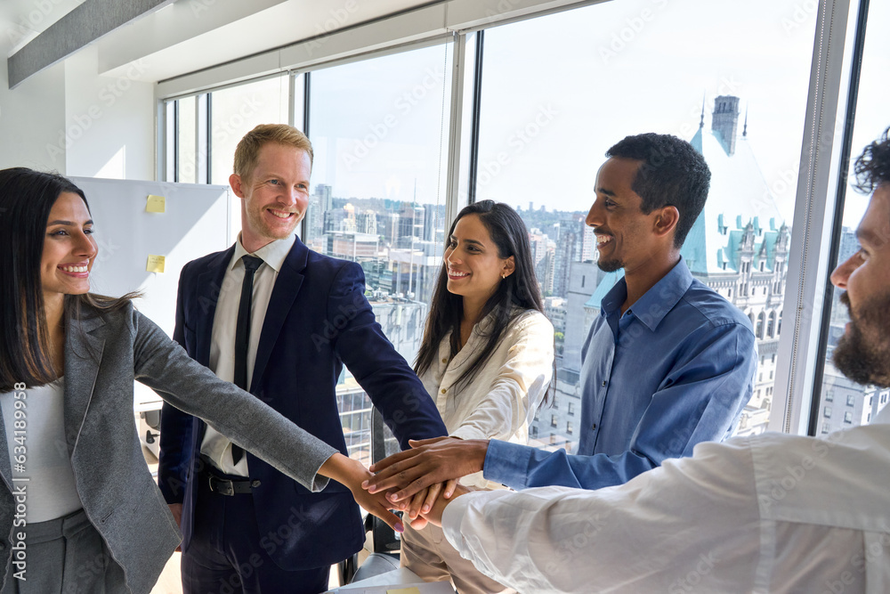 International business team people joining hands together in stack ...