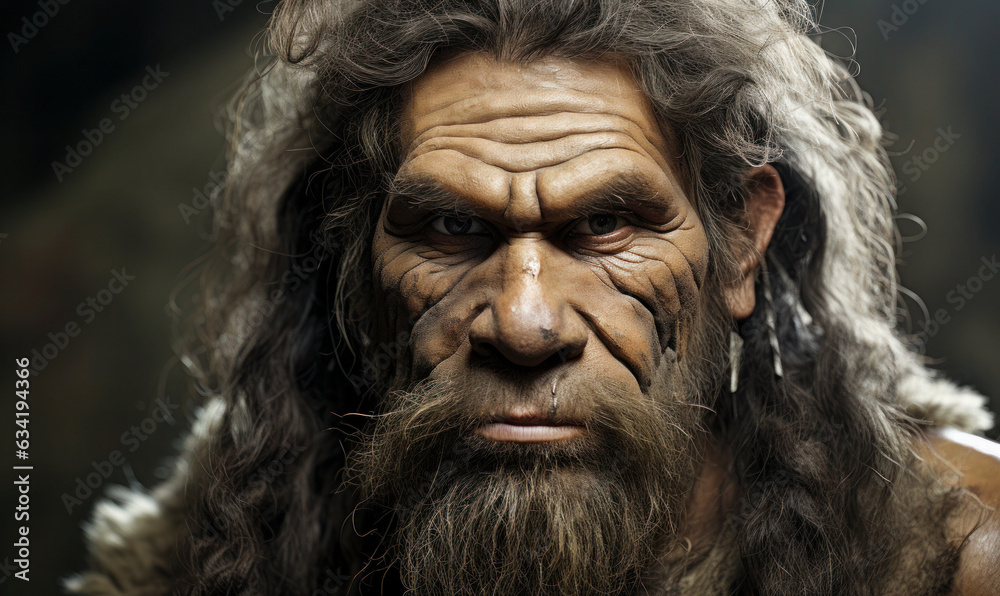 Neanderthal Caveman Portrait in Prehistoric Cave - closeup shot Stock ...